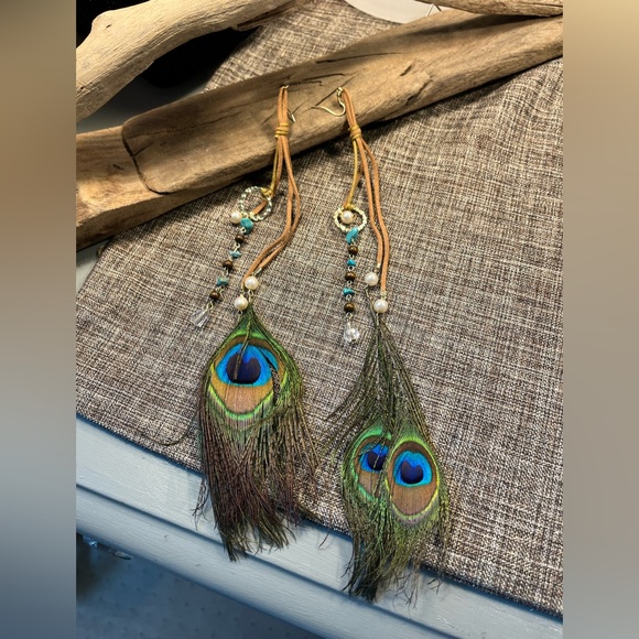 Jewelry | 439ptt Gypsy Peacock Feather Beads Leather 115earrings | Poshmark